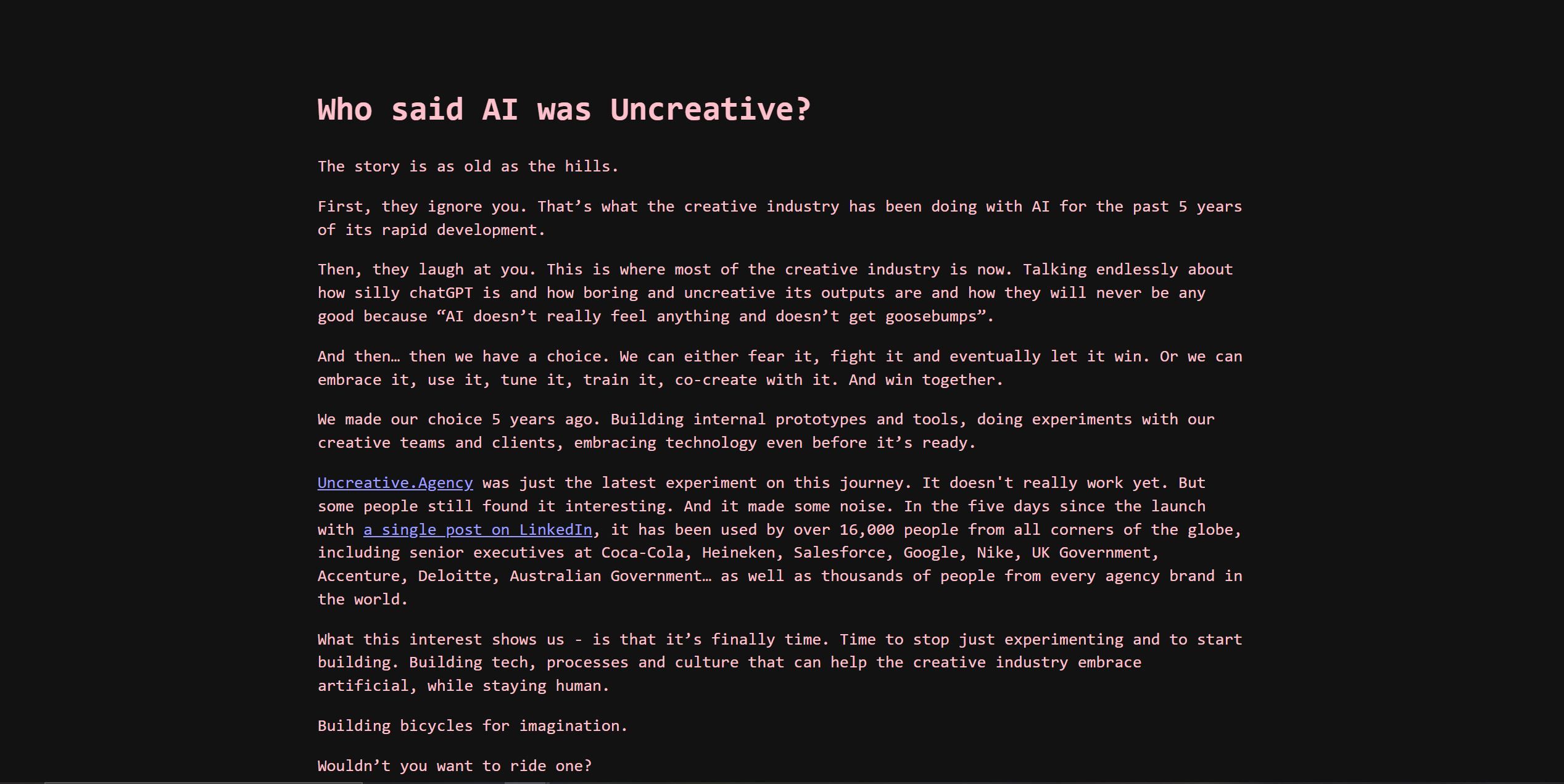 Uncreative AI: Revolutionizing the Creative Agency Model